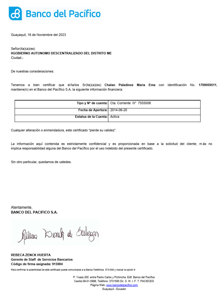 Certificado Bancario del Banco del Pacífico | PDF | Finanzas y dinero ...
