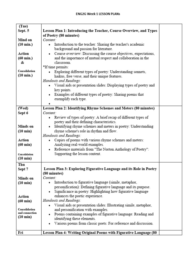 ENG2G Unit 1 Week 1 | PDF | Poetry | Lesson Plan