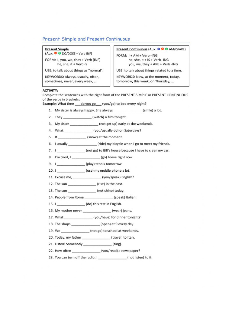 Ejercicio Present Simple y Present Continous | PDF