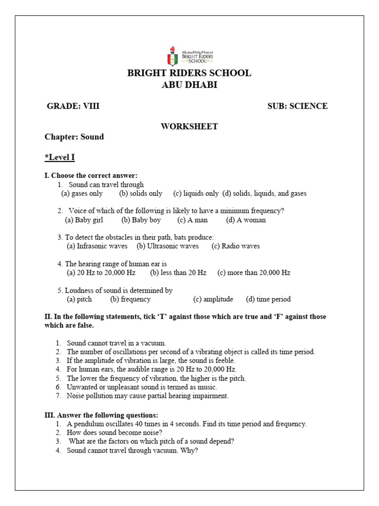 Sound Worksheet 23-24 | PDF | Sound | Frequency