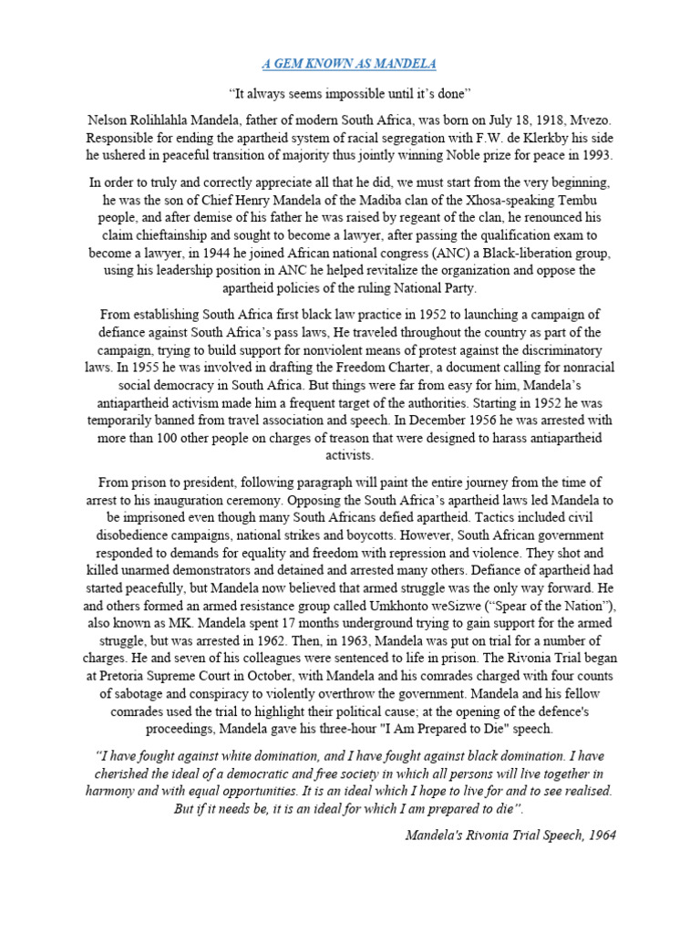 a gem known as mandela | PDF | Nelson Mandela | Apartheid