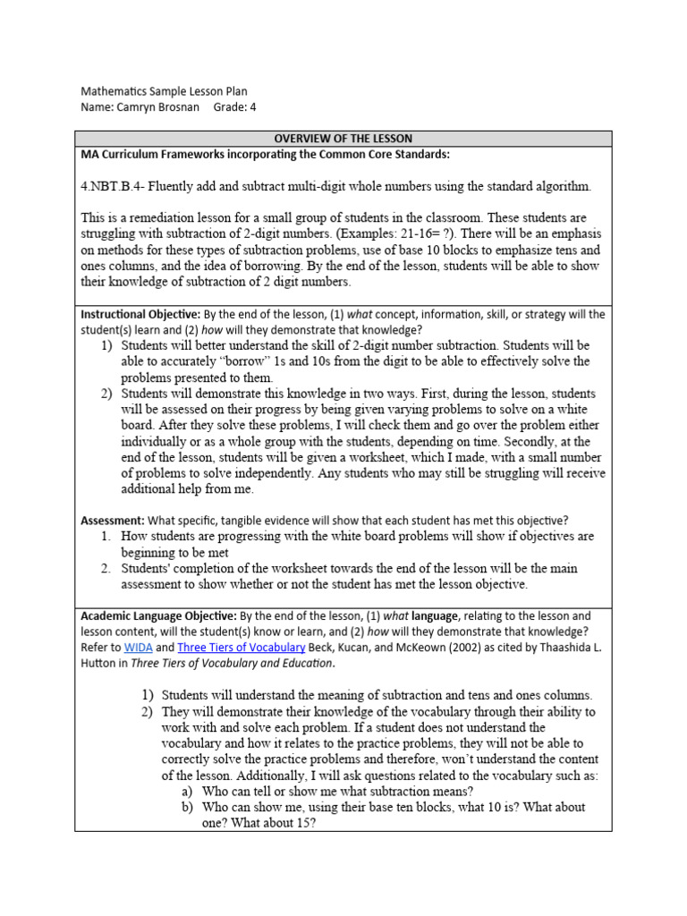 Mathematics Sample Lesson Plan | PDF | Knowledge | Subtraction