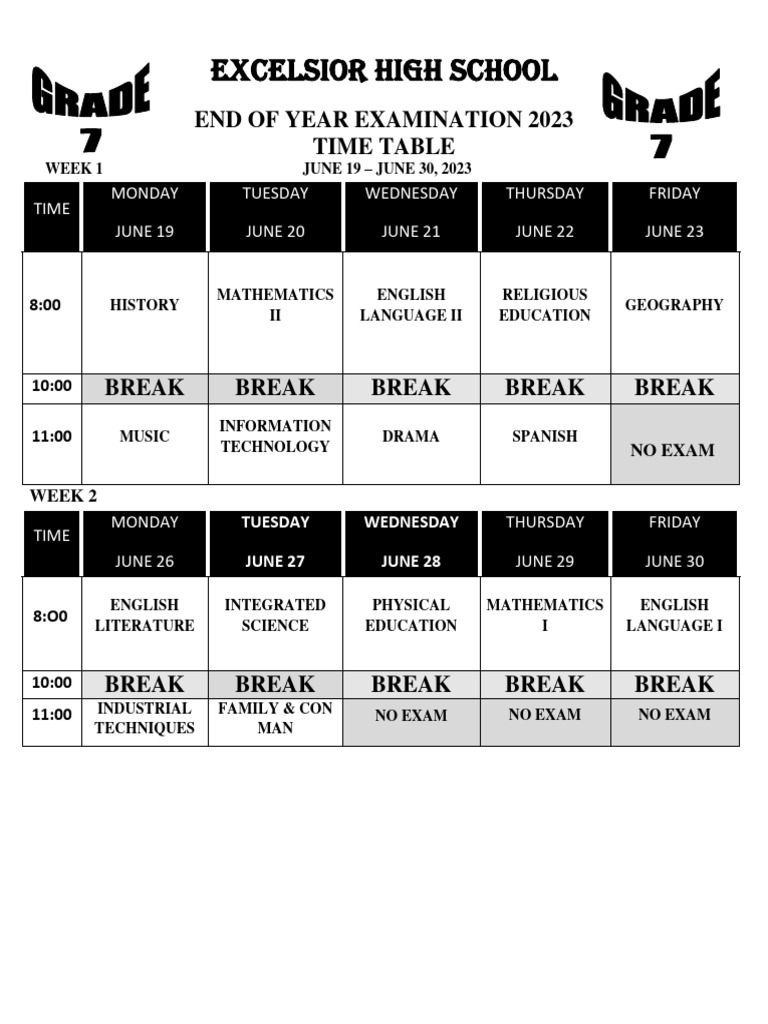 2023 End of Year Timetables For Grades 7 To 10 - Ver2 | Download Free ...