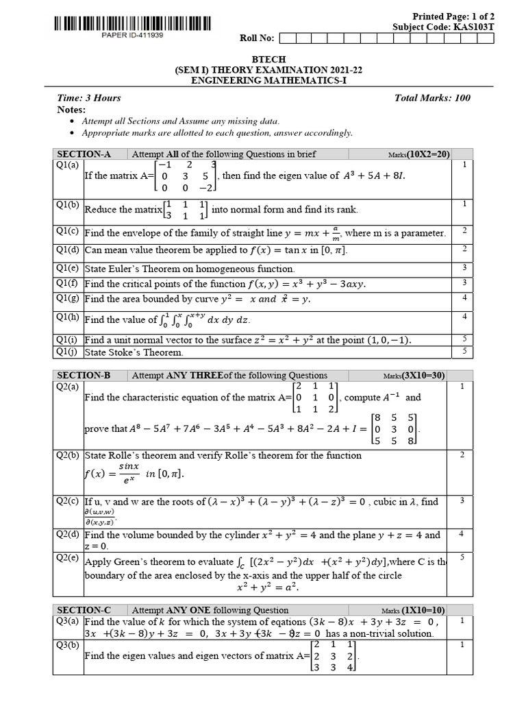Btech 1 Sem Engineering Mathematics 1 Kas103t 2022 | Download Free PDF ... Btech 1 Sem Engineering Mathematics 1 Kas103t 2022 | Download Free PDF ...