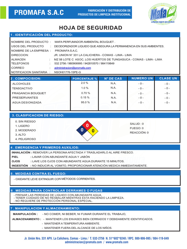 Mafa Perfumador Ambiental: Hoja de Seguridad | PDF | Agua | Toxicidad
