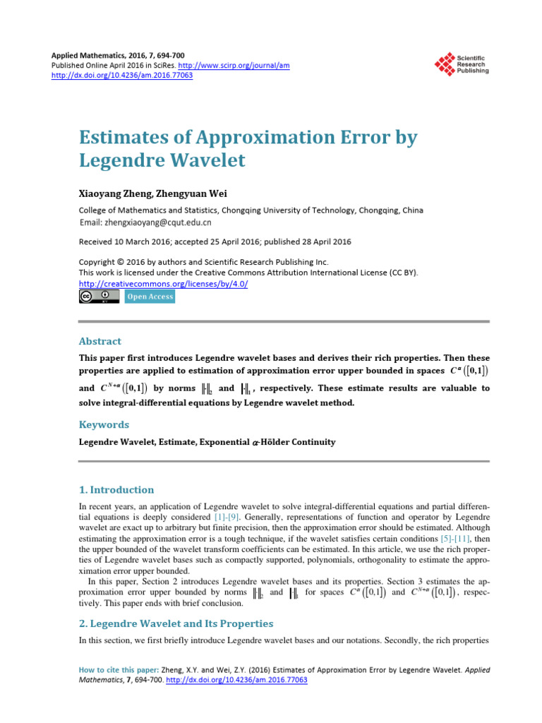 Estimates Of Approximation Error By Legendre Wavel Pdf Wavelet Equations