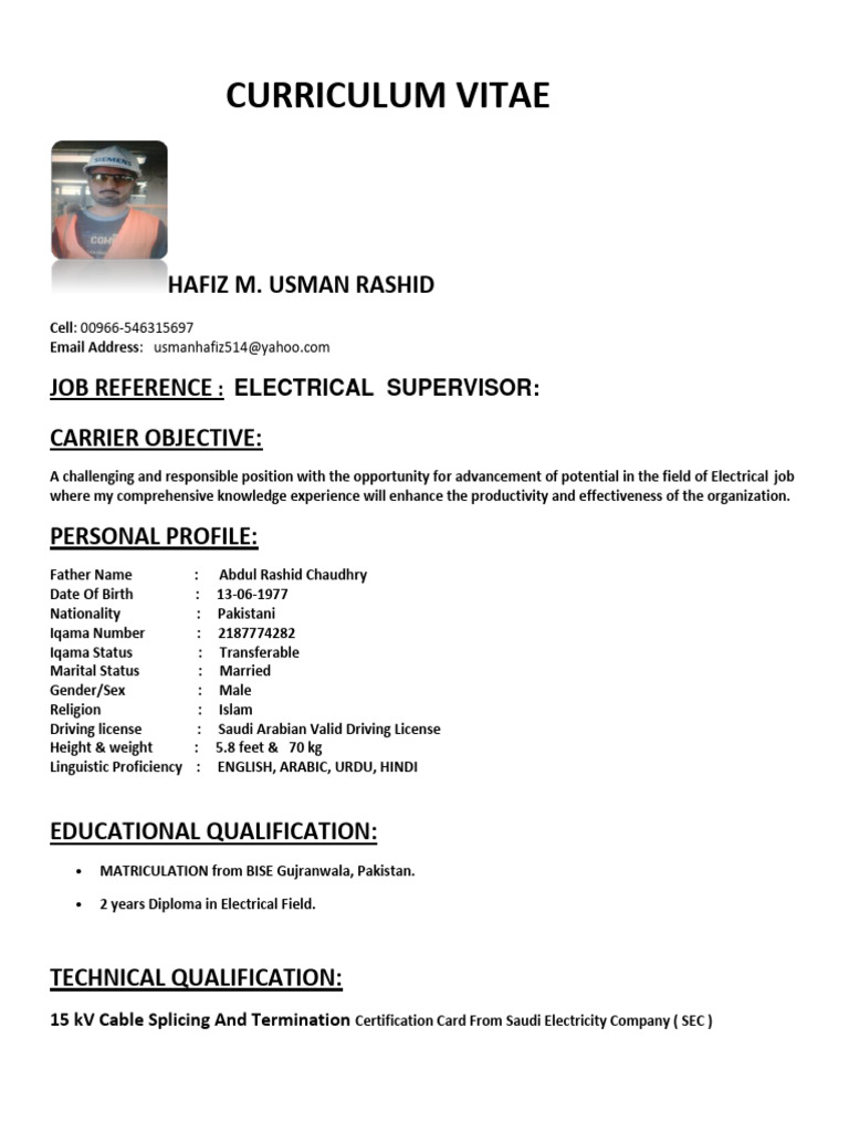Hafiz M. Usman Rashid: Electrical Supervisor CV | PDF | Saudi Arabia | Electric Power