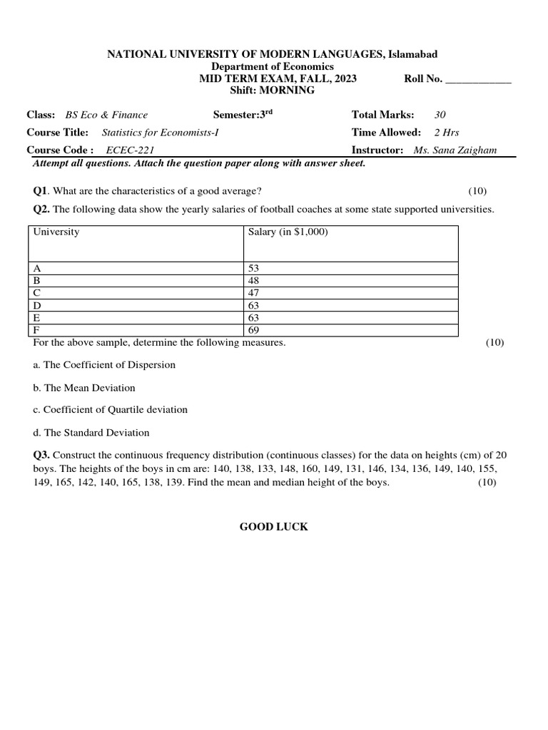 Midterm Paper of Stat 2023 | PDF