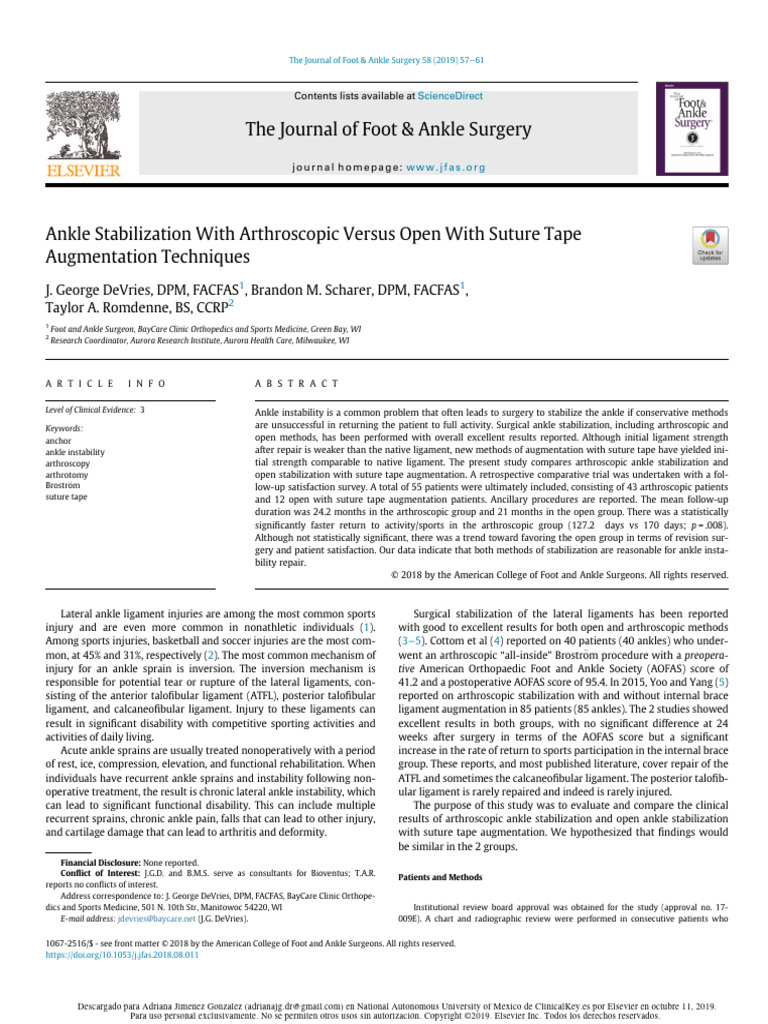 Ankle Stabilization With Arthroscopic Versus Open With Suture Tape Augmentation Techniques X1D ...