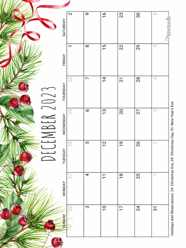 December Calendar 2023 Printable Christmas Landscape | PDF