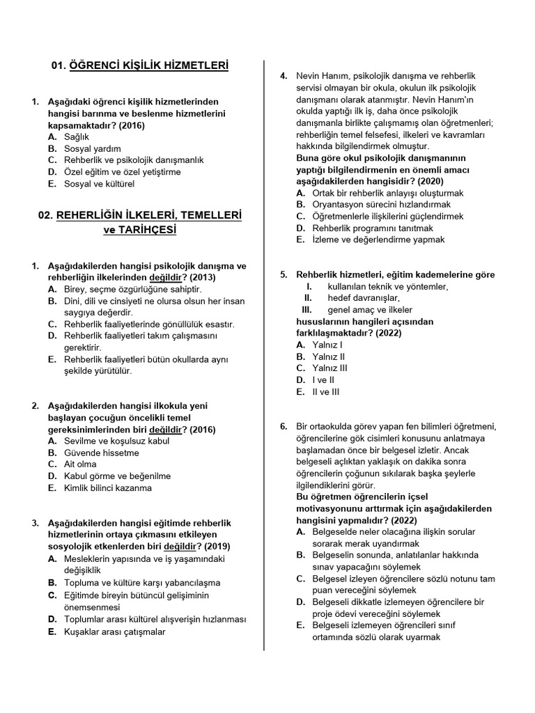 REHBERLİK TÜM ÖSYM SORULARI (1) | PDF