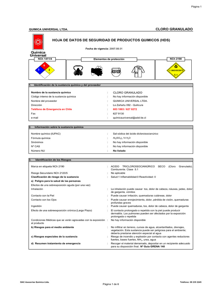 Cloro Granulado Hoja de Datos de Seguridad de Productos Quimicos | PDF | Agua | Residuos