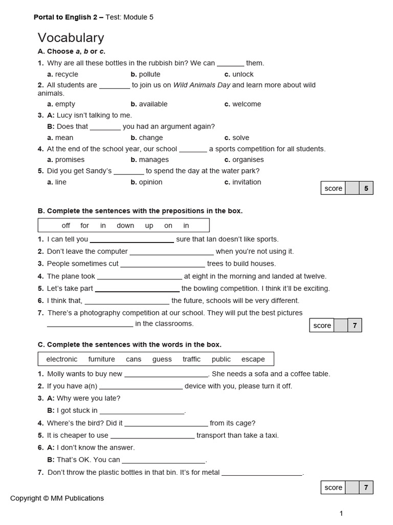 Vocabulary: Portal To English 2 - Test: Module 5 | PDF