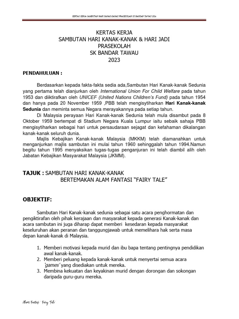 Kertas Kerja Hari Kanak-Kanak & Hari Lahir Prasekolah SKBT | PDF