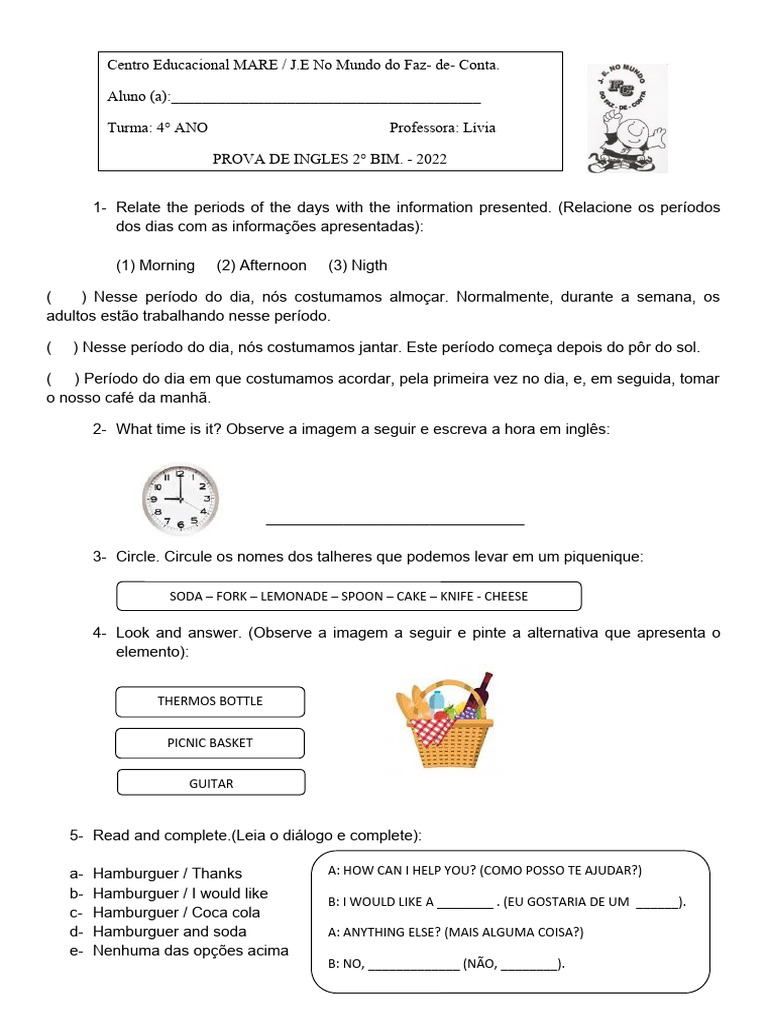 Prova Ingles 4 Ano - 2 Bim | PDF