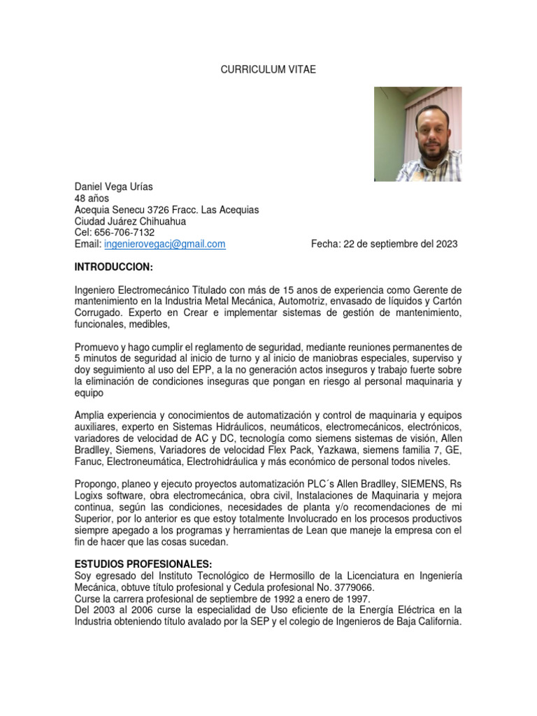CURRICULUM LINK GERENTE DE MANTENIMIENTO ING. DANIEL VEGA (1)' contigo | PDF | Ingenieria ...