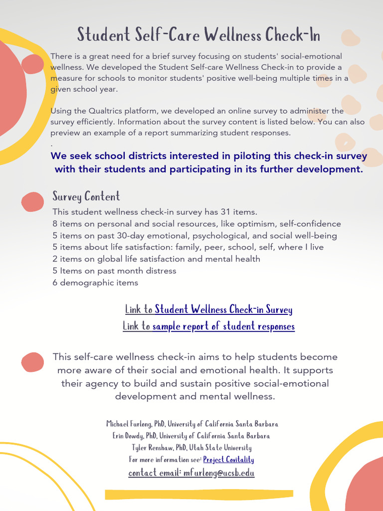 Student Self-Care Wellness Check-In One Pager | PDF