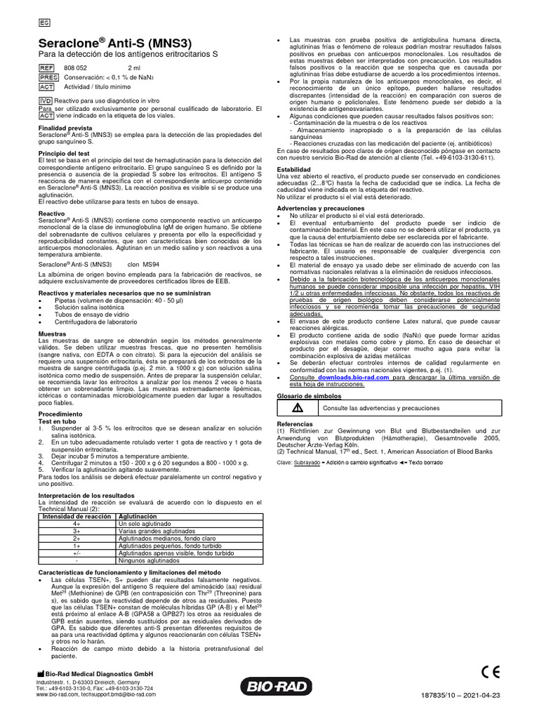 Seraclone® Anti-S (MNS3) | PDF | Inmunología | Especialidades Medicas