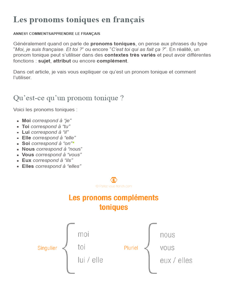 Les Pronoms Toniques en Français - Parlez-Vous French | PDF ...