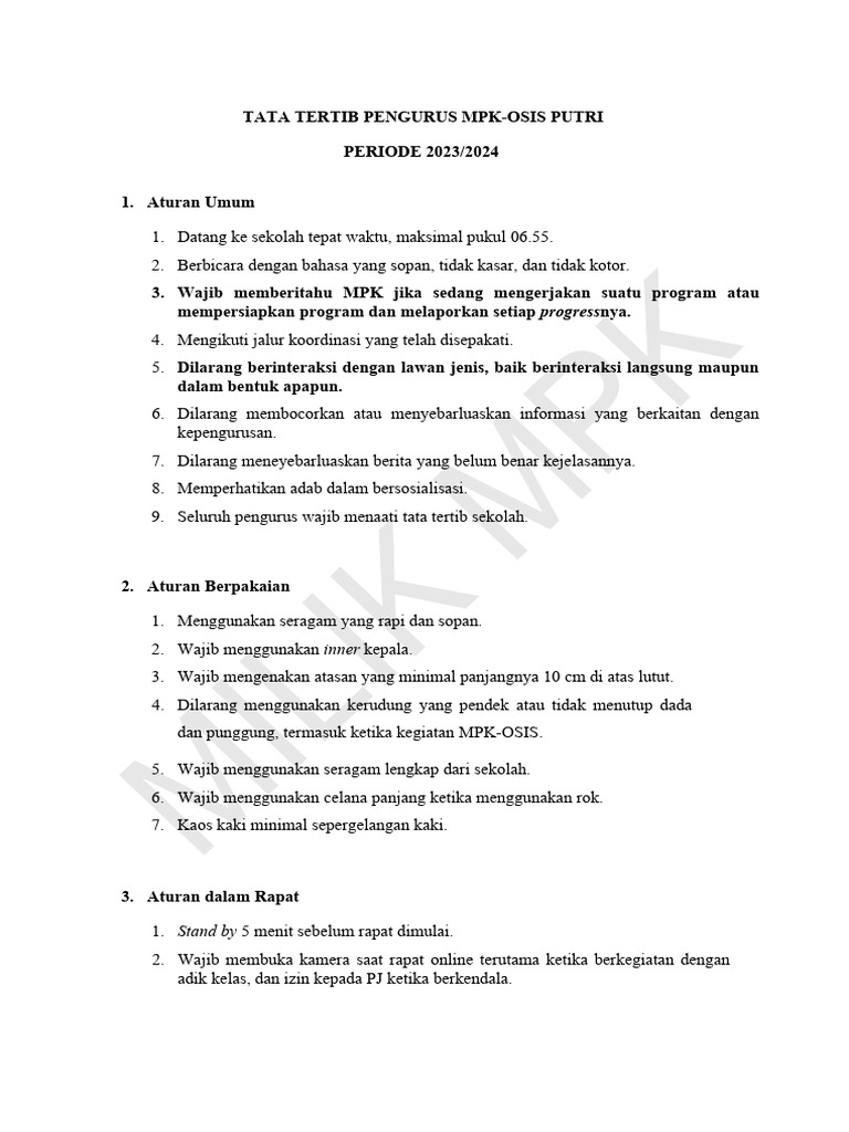 TATA TERTIB PENGURUS OSIS - MPK PERIODE 2023 - 2024.docx-1 | PDF