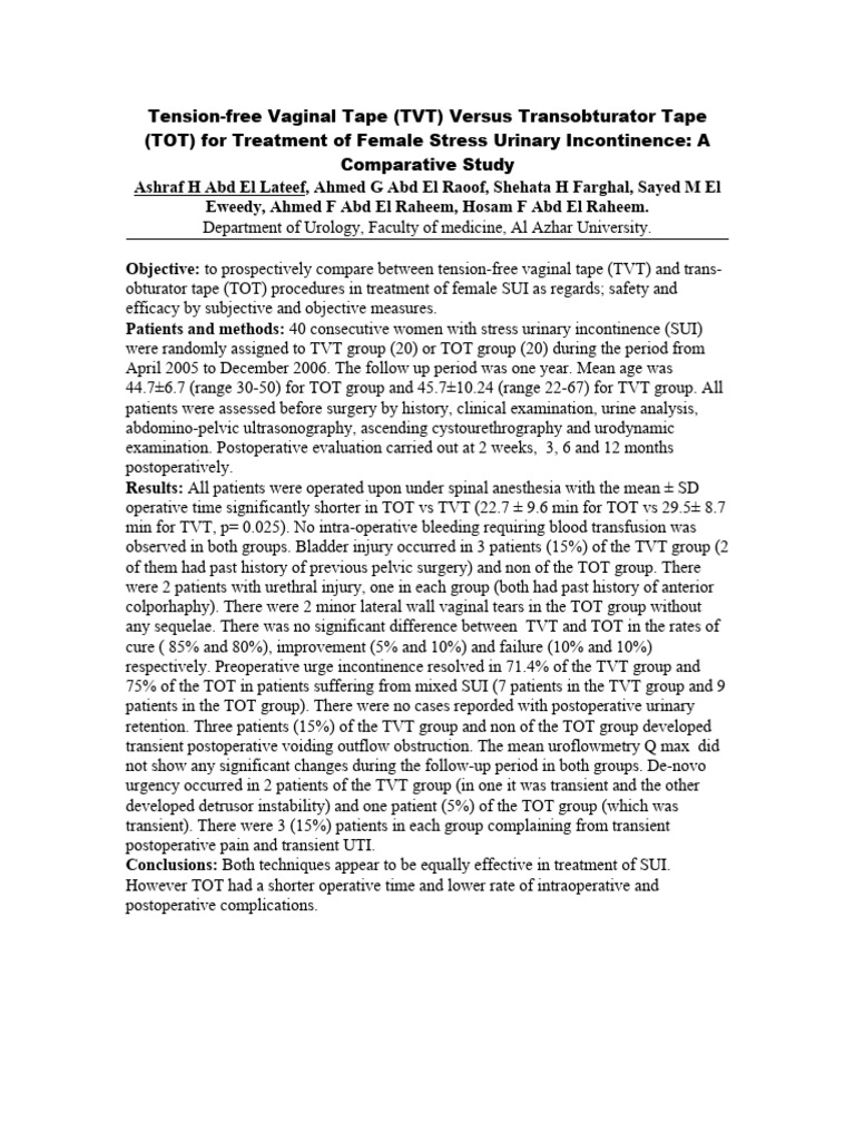 TVT Vs TOT | PDF | Urinary Incontinence | Genitourinary System Diseases