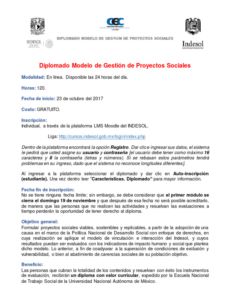 Diplomado Modelo de Gesti N de Proyectos Sociales | PDF | Contraseña | Moodle