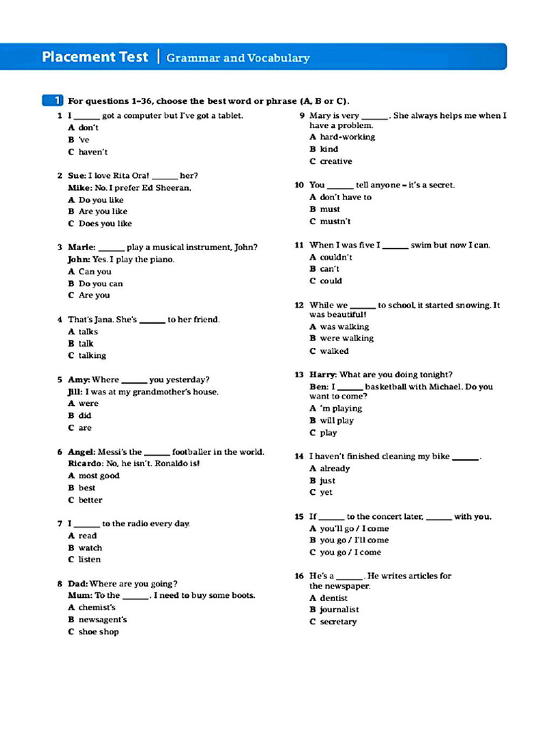 Placement Test (Grammar & Vocabulary) | PDF