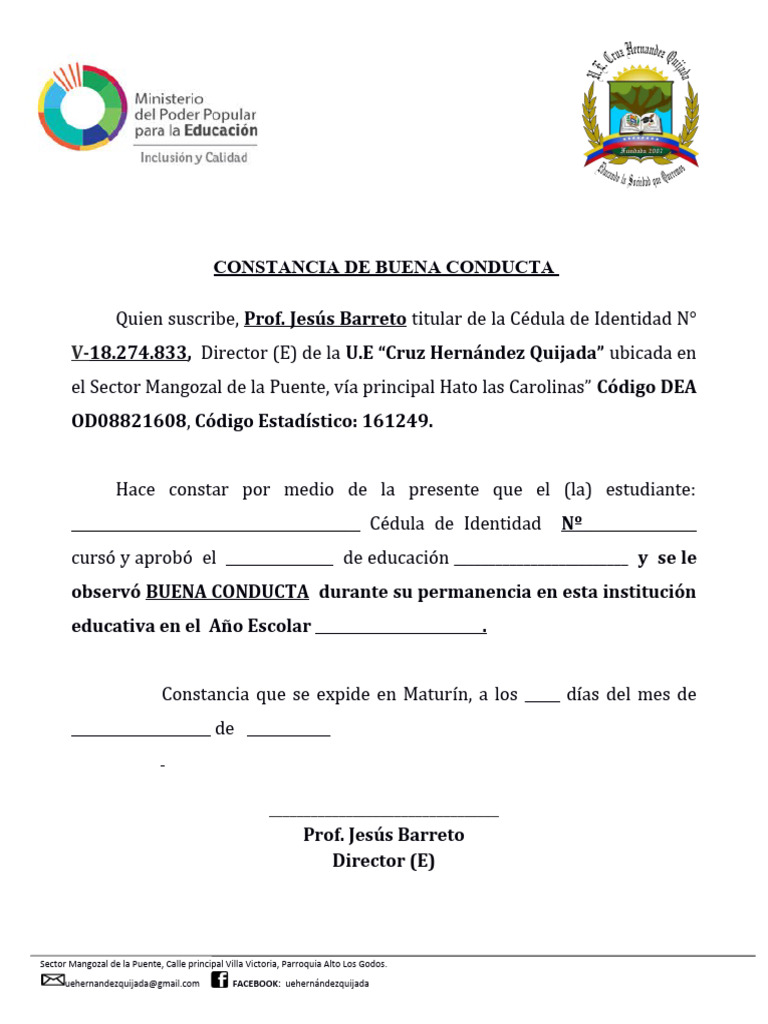 Constancia de Buena Conducta Escolar | PDF