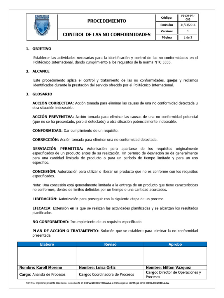 Anexo 37. CONTROL DE LAS NO CONFORMIDADES PI-CM-PR-003 | PDF