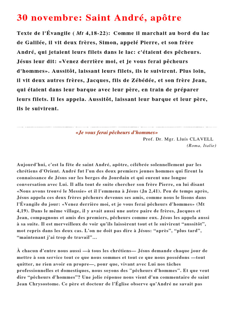 Fête de Saint André, apôtre et pêcheur | PDF | Jésus | Saint-Pierre