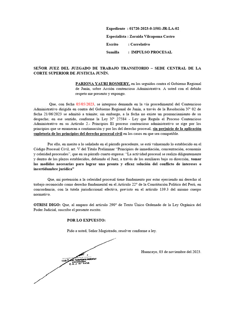 Impulso Procesal Pariona Yauri Rosmery | PDF | Ley procesal | Justicia