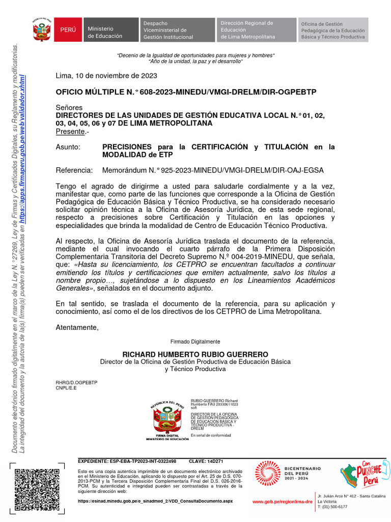 Cetpro-Oficio Multiple 608 - 2023 - Mineduvmgi-Drelm-Dir-Ogpebtp, Precisiones para La ...