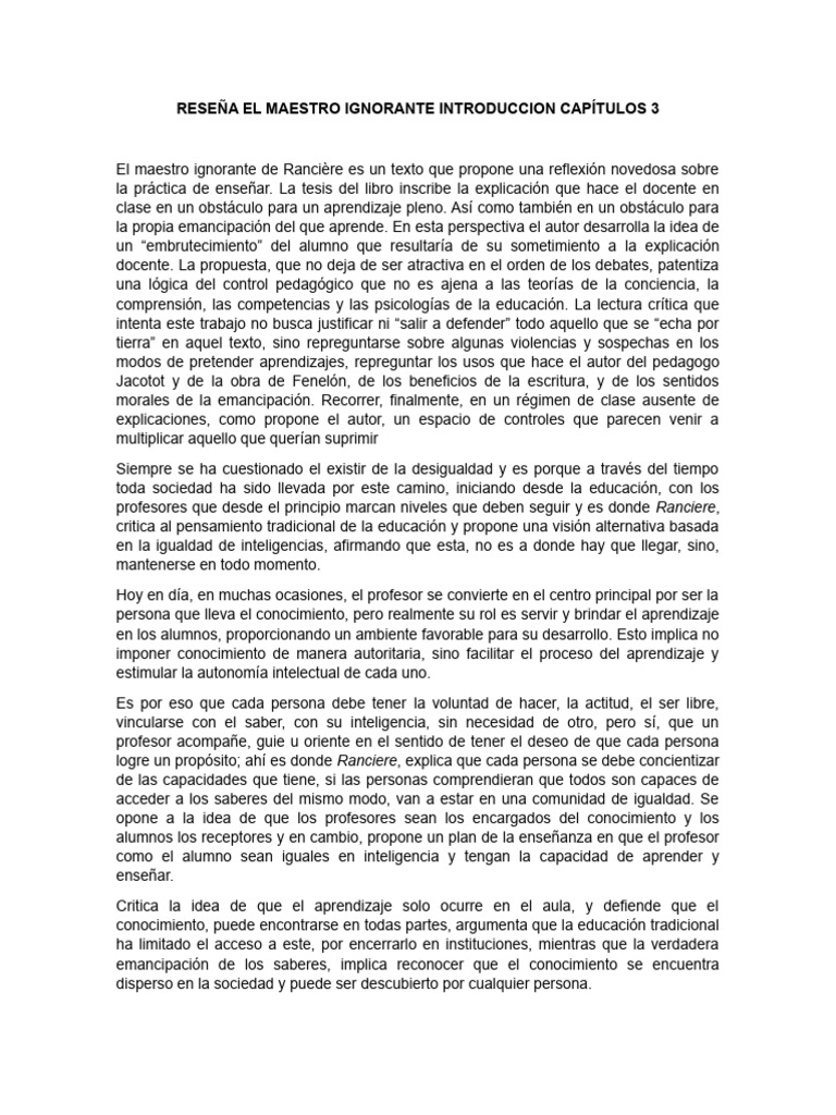 Reseña El Maestro Ignorante Introduccion Capítulos 3 | PDF | Aprendizaje | Conocimiento