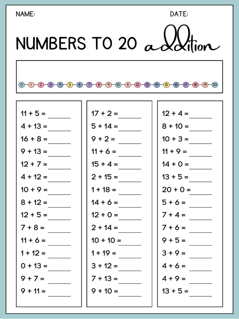Basic Addition To 20 Number Line Worksheet | PDF