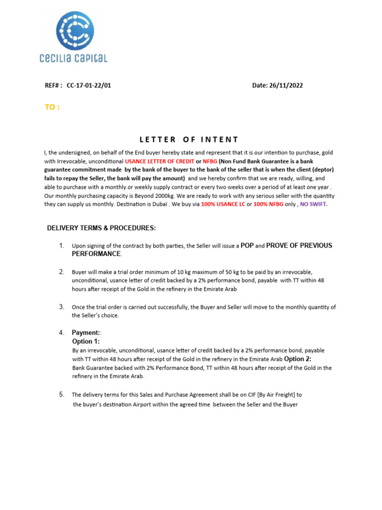 Gold Purchase Letter of Intent | PDF | Letter Of Credit | Trade