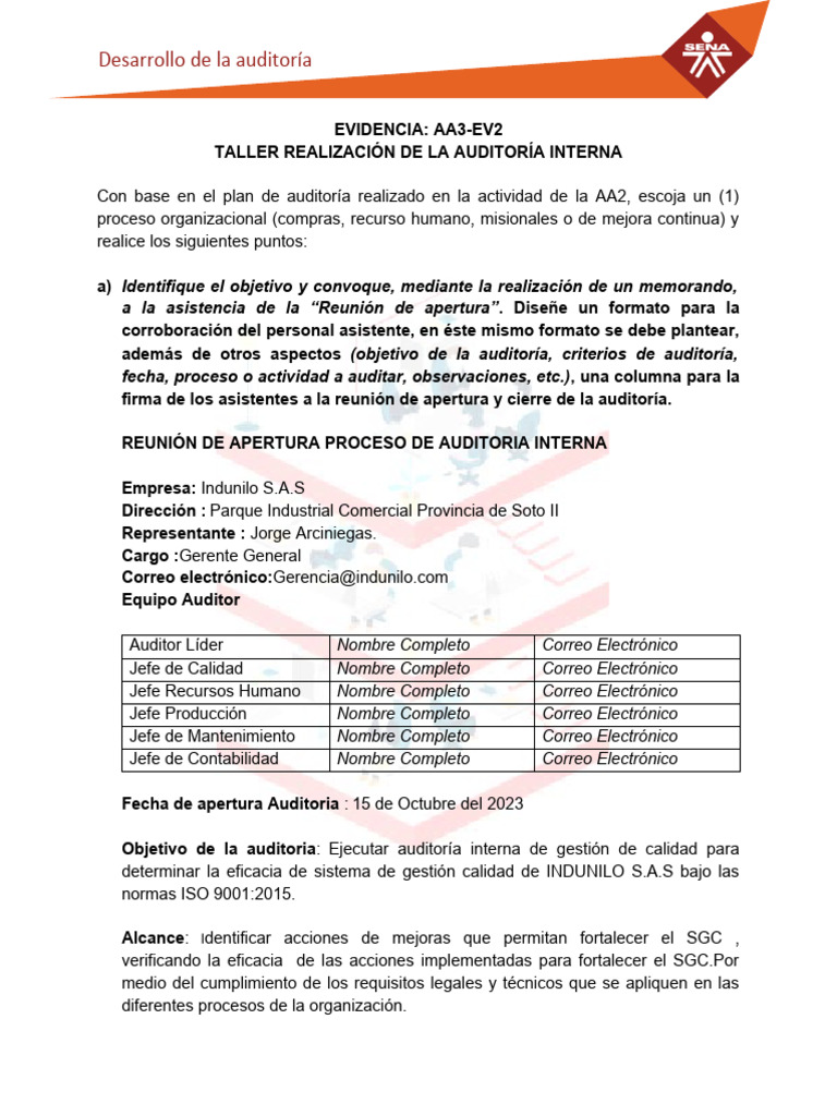 Evidencia AA3 Ev2 Taller | PDF | Auditoría | Comunicación