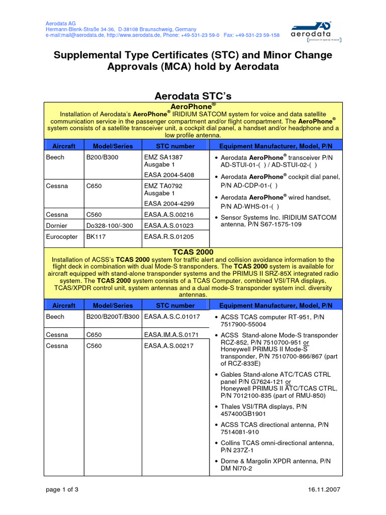Aerodata STC - MCA Certificates | PDF | Transponder (Aeronautics ...