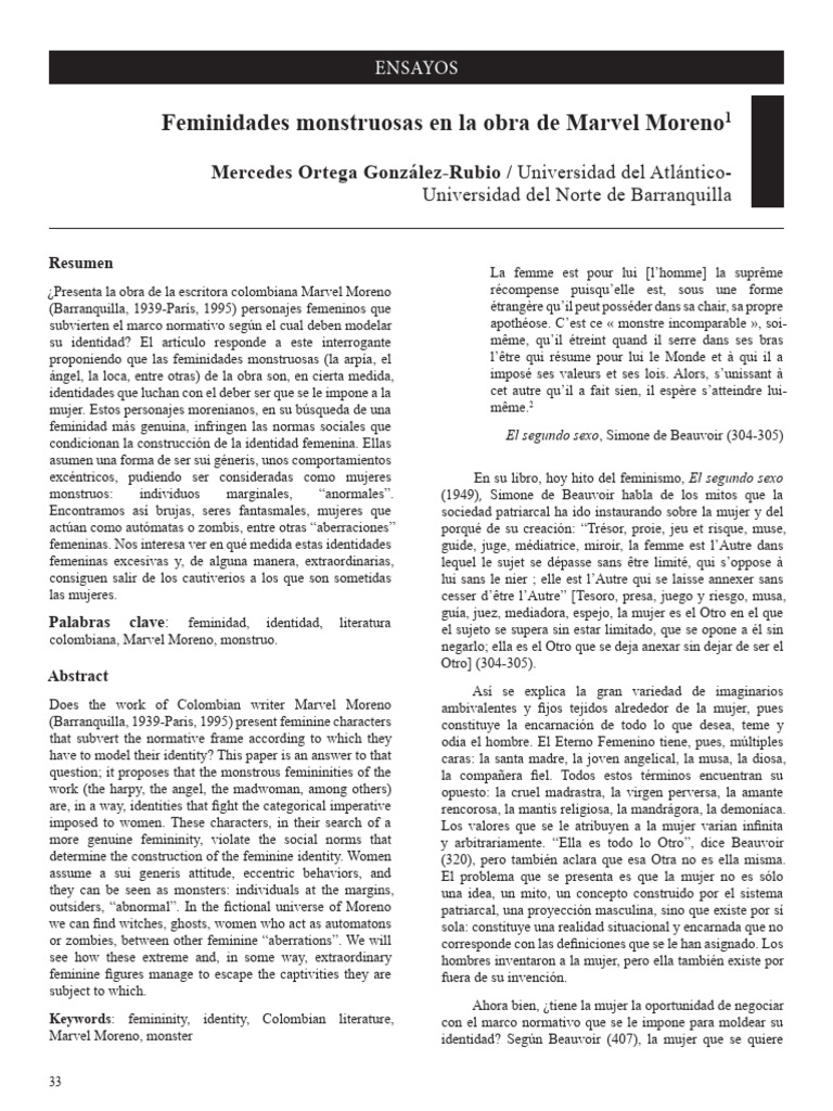 Ensayo Marvel Moreno Feminidades Monstruosas | PDF | Mujer | Feminismo
