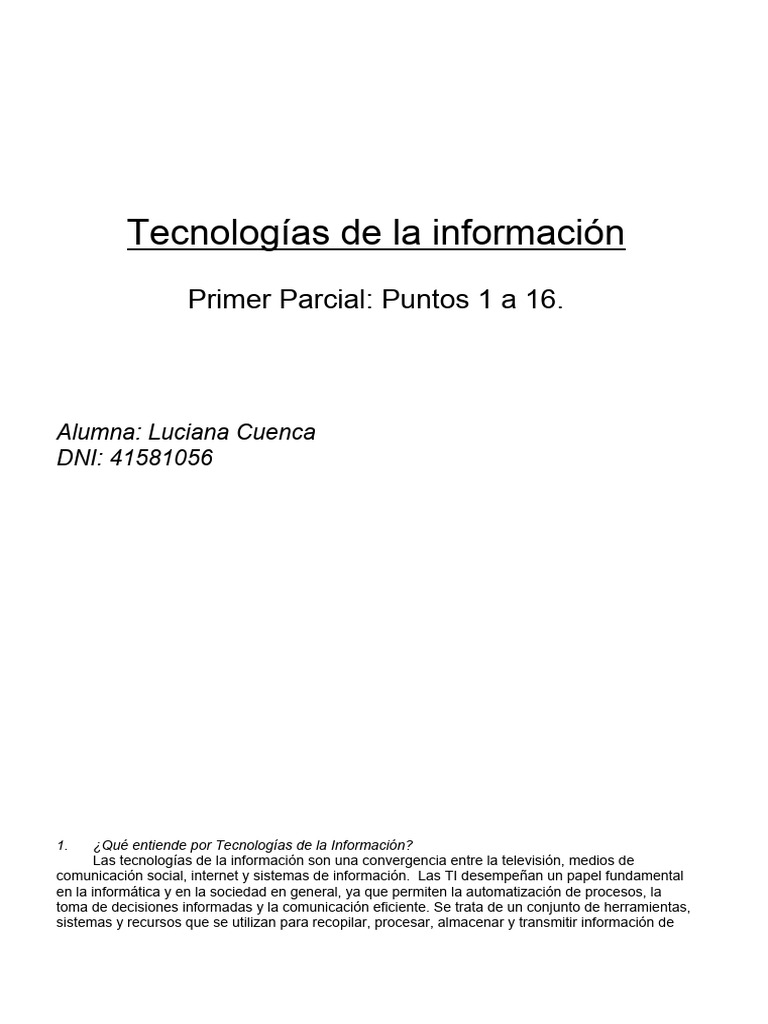 Primer Parcial TIC | PDF | Tecnologías de la información | Bases de datos