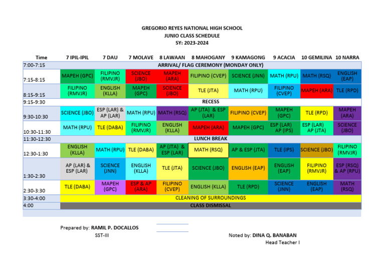 JHS Schedule 2023 2024 | PDF
