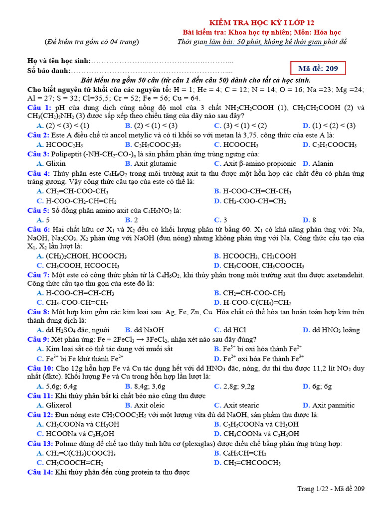 de thi cuoi ky 1 mon Hoa 12 Số 3 | PDF