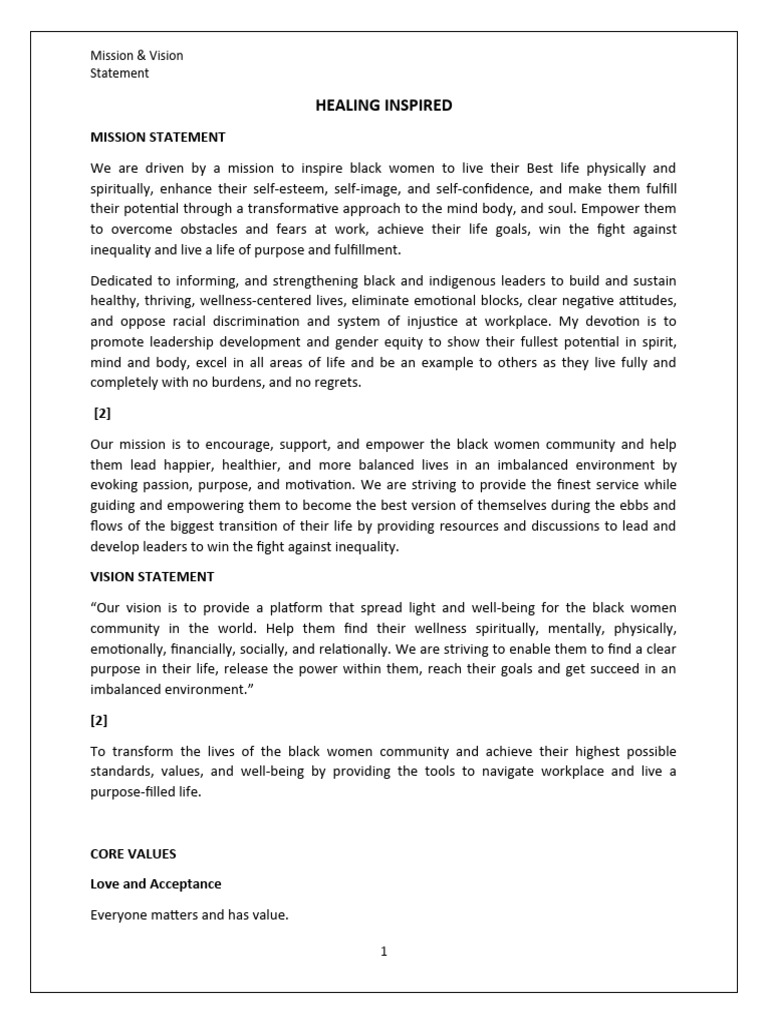 Healing Inspired - Mission - Vision Statement | PDF | Leadership | Self ...