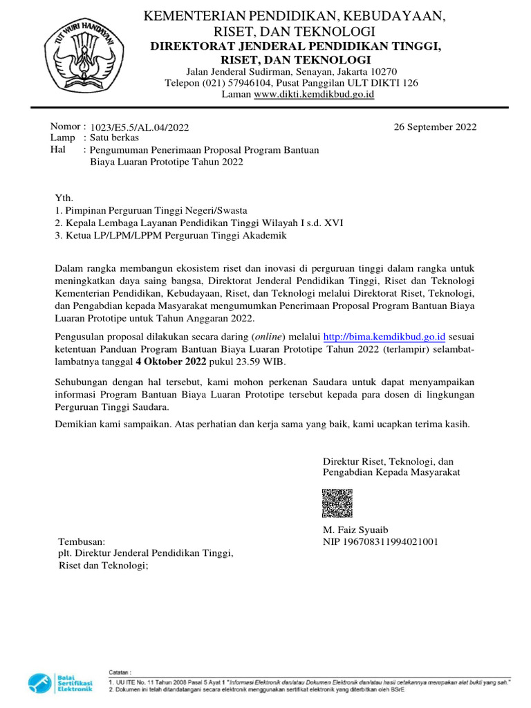 Pengumuman Program Bantuan Biaya Luaran Prototipe Signed | PDF | Ilmu Sosial