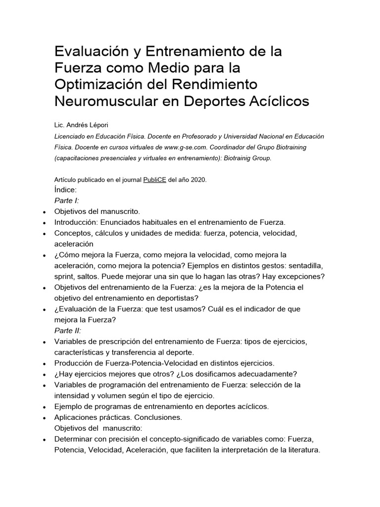 Evaluación y Entrenamiento de La Fuerza Como Medio Para La Optimización ...