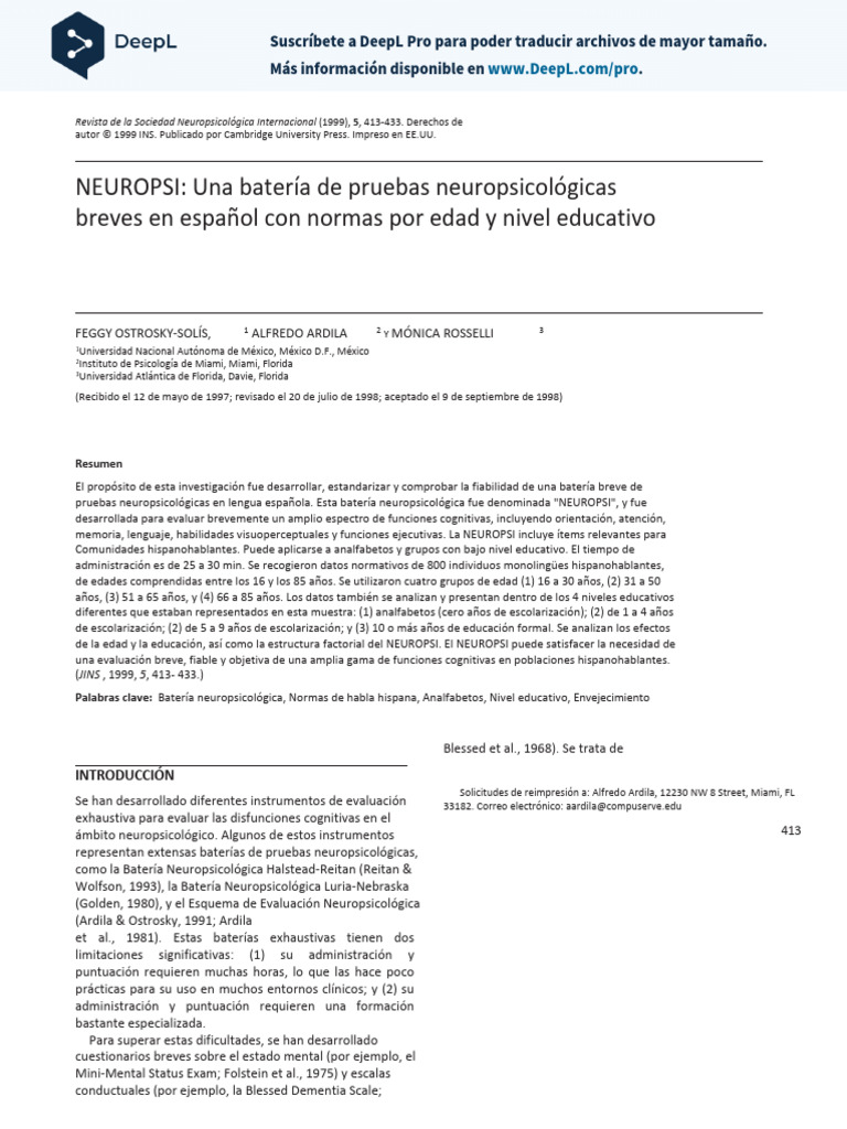 NEUROPSI: Pruebas Neuropsicológicas Breves | PDF | Memoria ...