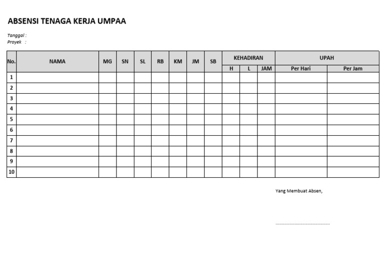 Contoh Absen Harian Pekerja Proyek | PDF