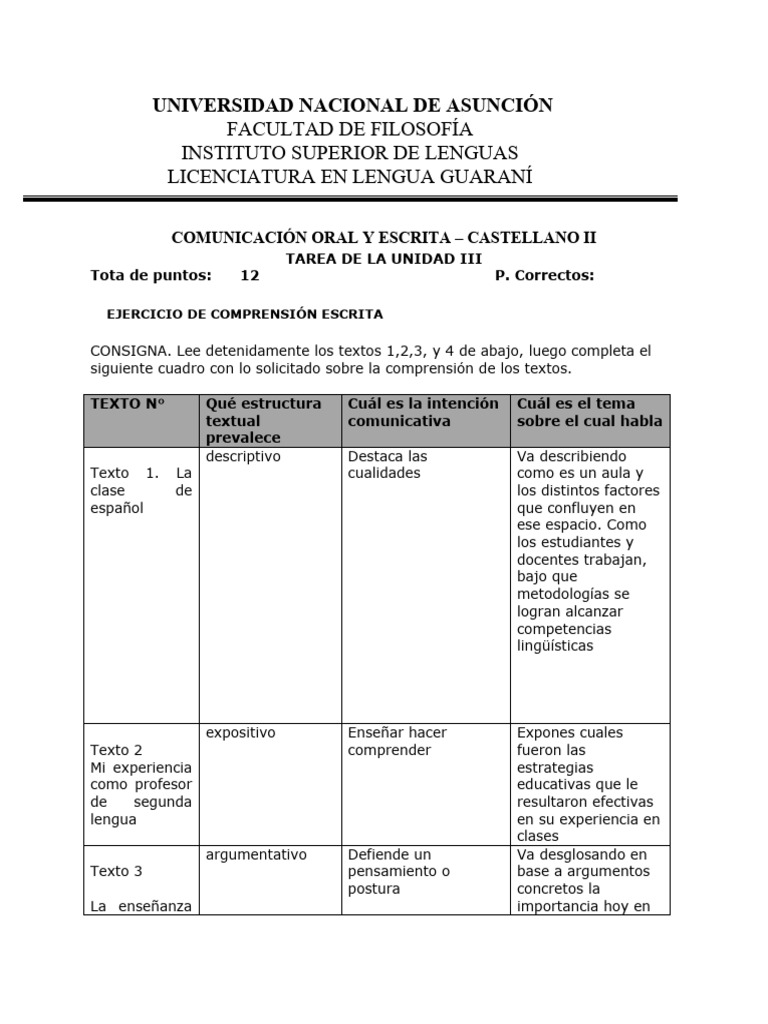 Ficha Comprension Tarea Unidad III | PDF | Segundo lenguaje | Aprendizaje
