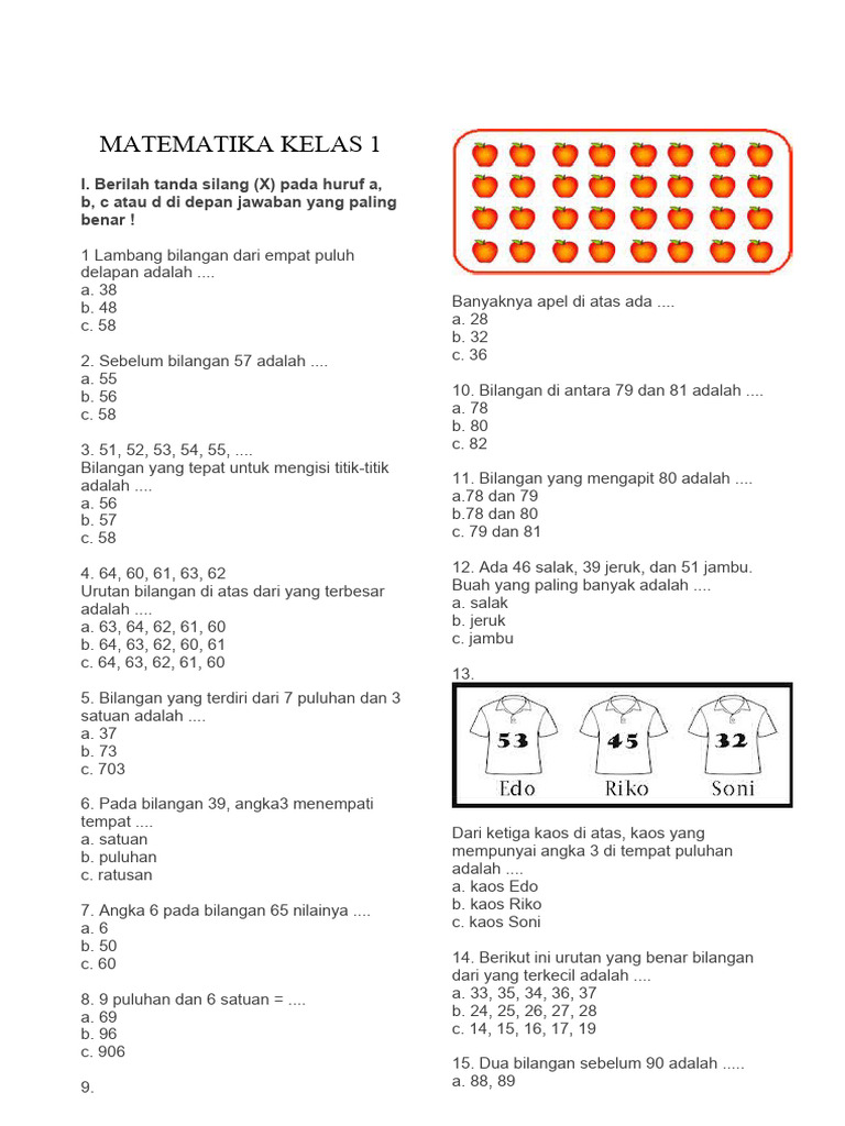 Soal Matematika Kelas 1 Part 3 | PDF