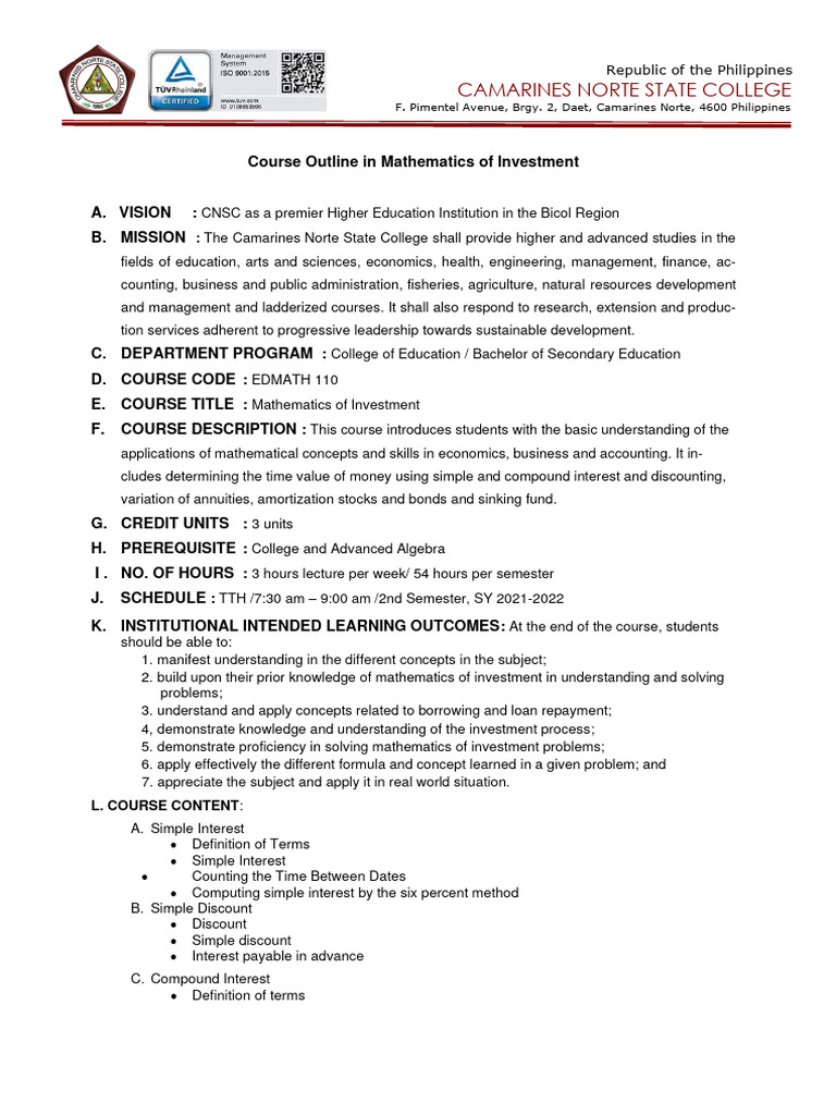 Course Outline in Math of Investment | PDF | Interest | Compound Interest