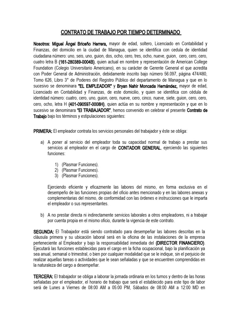 Formato de Contrato Laboral Por Tiempo Determinado | PDF | Derecho laboral | Economias